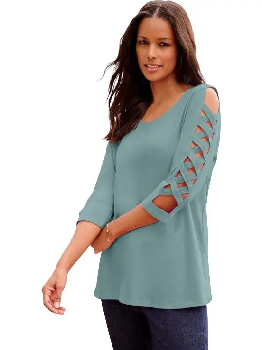 Roaman's Lattice Sleeve Scoopneck Tee - Cool Sage