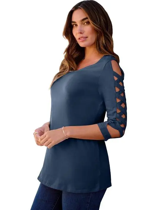 Roaman's Lattice Sleeve Scoopneck Tee - Navy