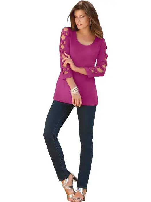 Roaman's Lattice Sleeve Scoopneck Tee - Raspberry