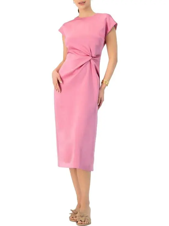 IVONNE Midi Off-shoulder Satin Dress With Knot - Pink