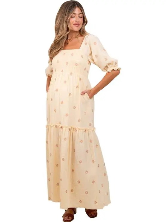 PINKBLUSH Floral Smocked Puff Sleeve Maxi Dress - Cream