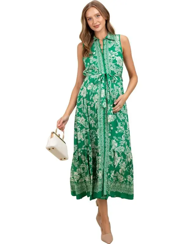 PINKBLUSH Floral Print Lapel Button Down Maxi Dress - Green