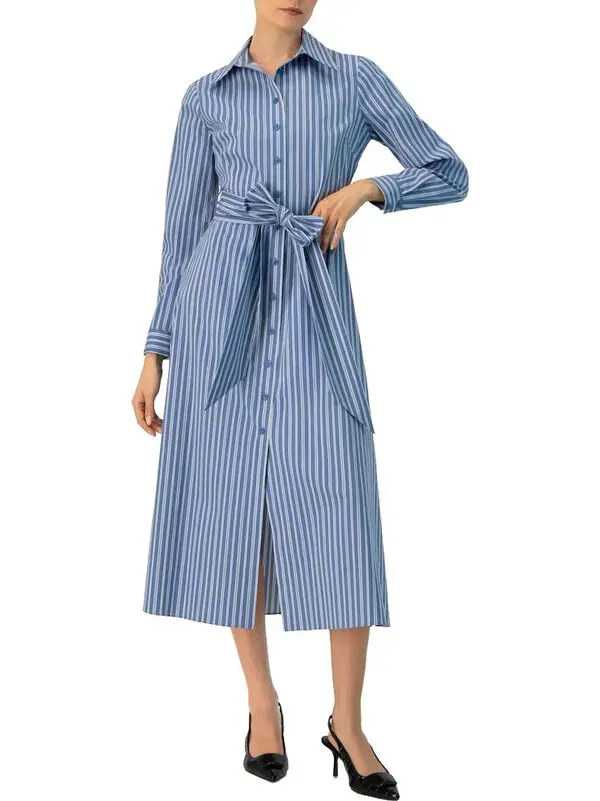 IVONNE Striped Collared Midi Shirt Dress With Waist Tie - Blue