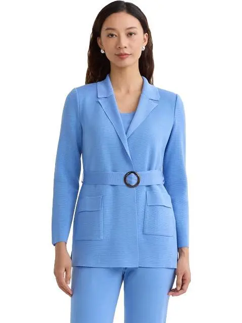 Misook Belted Flat Knit Jacket - Tranquil Blue