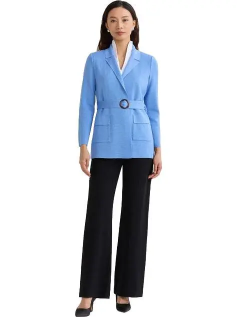 Misook Belted Flat Knit Jacket - Tranquil Blue