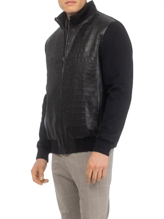 Gorski Wool And Croco-embossed Leather Front Jacket - Black/black