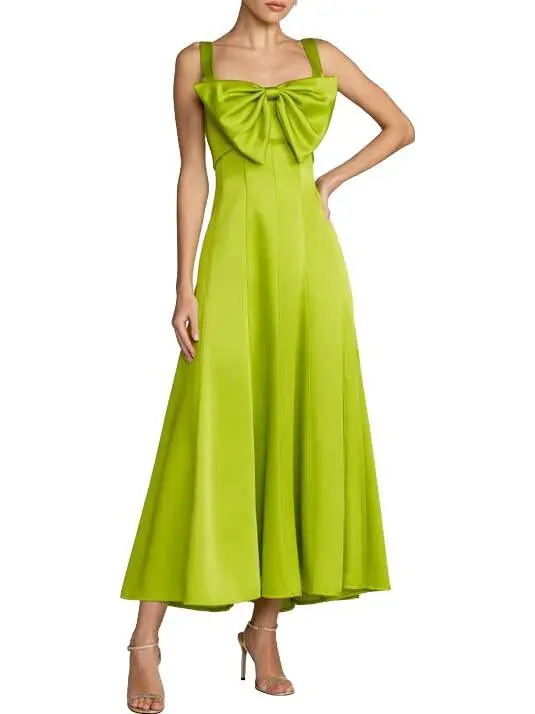 Mac Duggal Satin Midi Dress With Bow - Apple Green