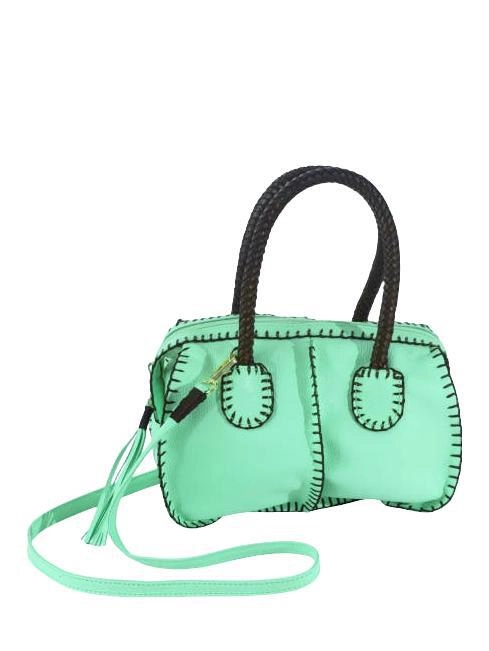 Carlos Falchi Mini Barrel Leather Bag With Woven Handles - Lime
