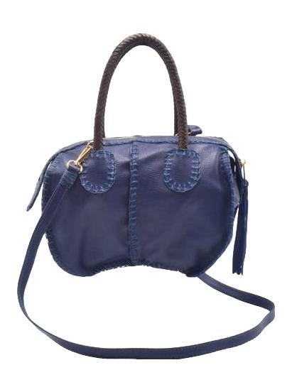 Carlos Falchi Mini Barrel Leather Bag With Woven Handles - Navy