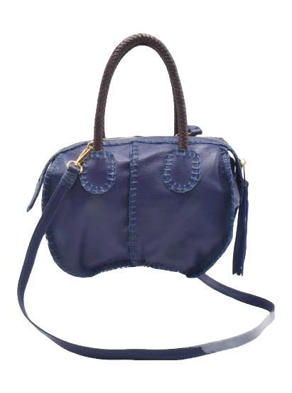 Carlos Falchi Mini Barrel Leather Bag With Woven Handles - Navy