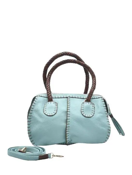 Carlos Falchi Mini Barrel Leather Bag With Woven Handles - Teal