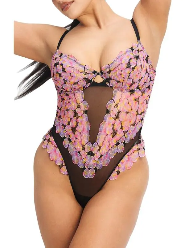 SAVAGE X FENTY Sun Tide Floral Lace Underwire Teddy - Black Caviar