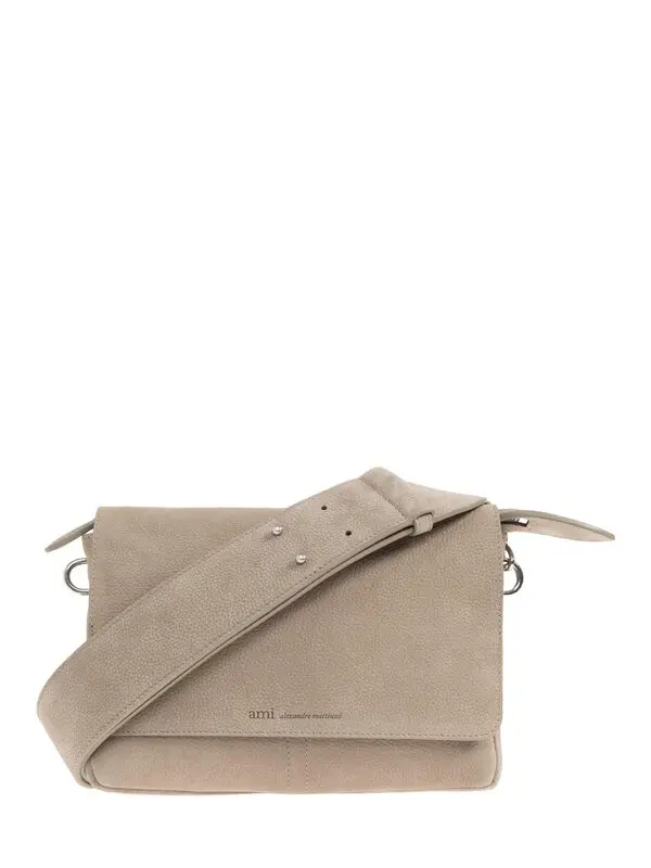 Ami Leather Shoulder Bag With Logo - Beige