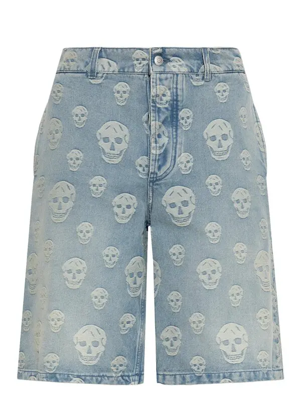 Alexander McQueen Denim Shorts With Monogram - Blue