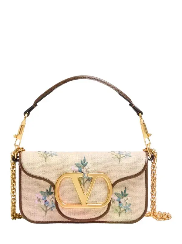 Valentino Garavani Locò Small Linen Shoulder Bag With Embroidery - Neutrals