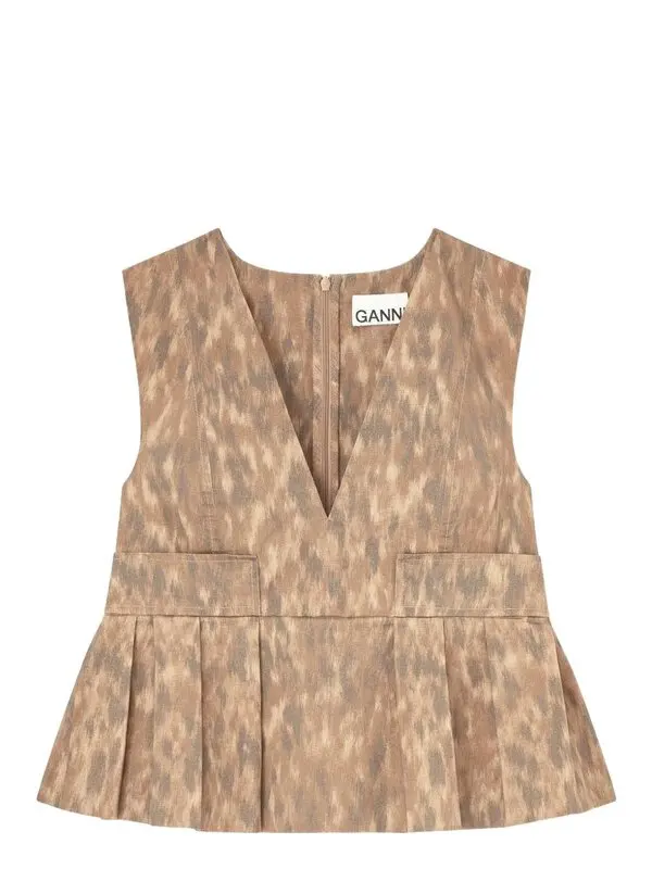 GANNI Printed Cotton Sleeveless Top - Beige