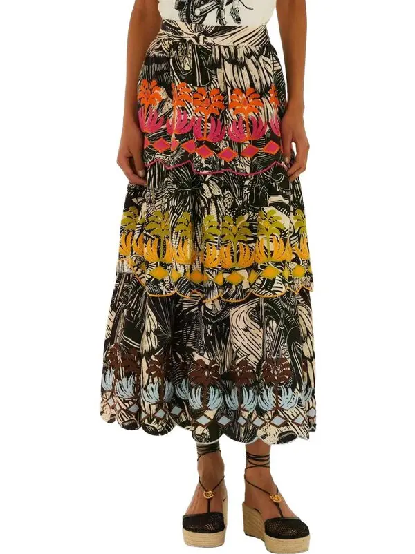 Farm Rio Tiered Graphic Print Skirt - Black