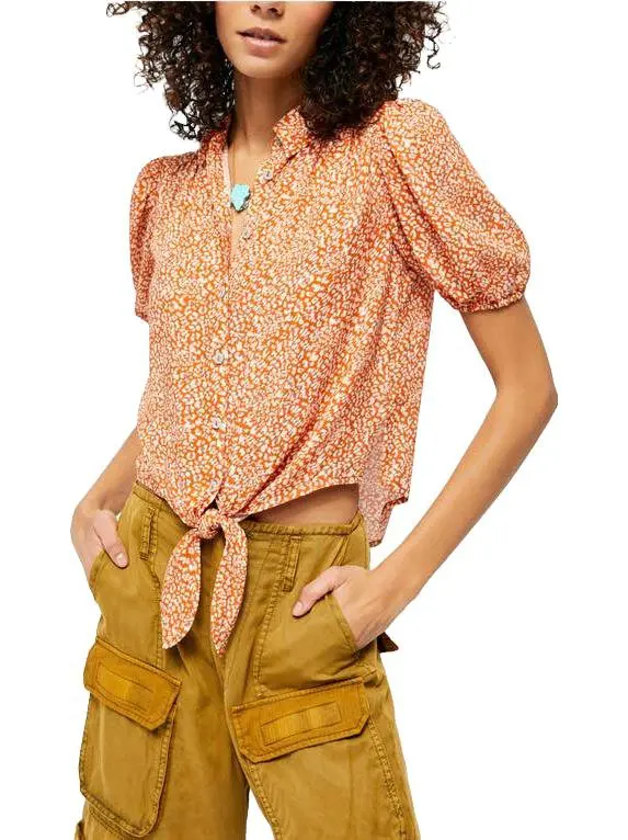Free People Printed Button-front Blouse With Ties - Rust Combo