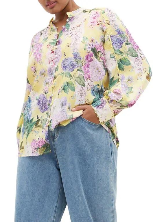 City Chic Gianna Floral Print Woven Shirt - Lemon Hydrandra