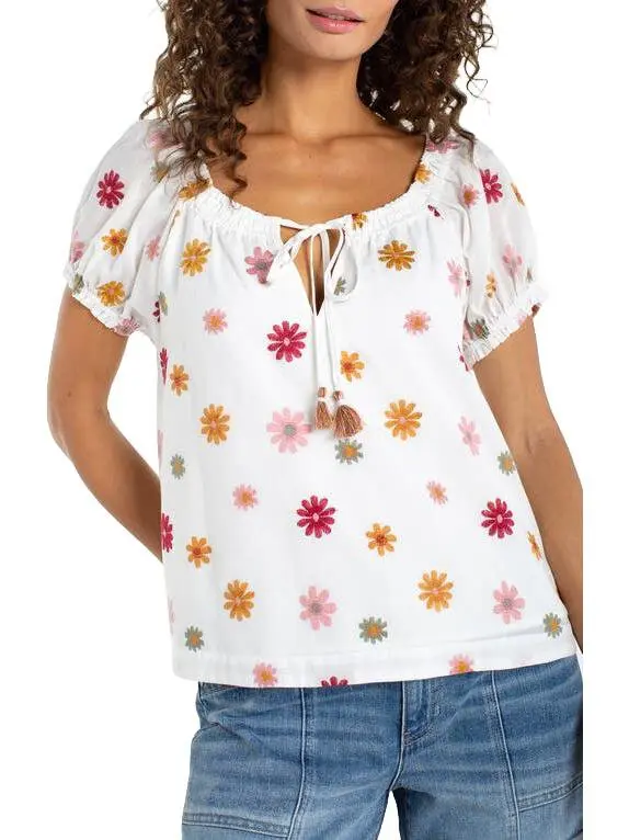 LIVERPOOL Embroidered Tie Neck Top - White Multi Flower
