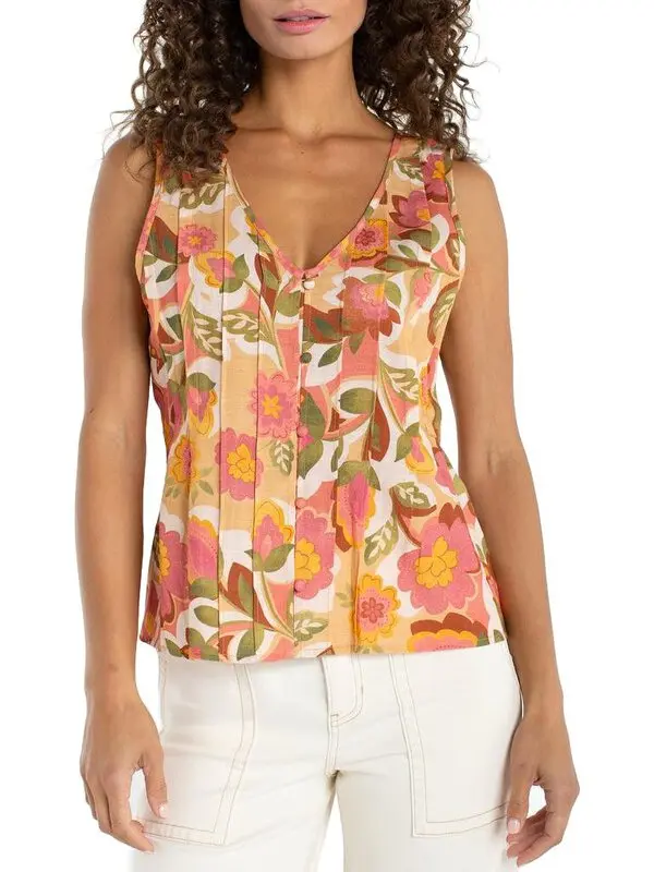 LIVERPOOL Floral Pleated Sleeveless Top - Tan Floral Multi