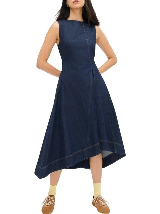 ALIGNE Asymmetric Sleeveless Stretch Organic Cotton Denim Midi Dress - Indigo