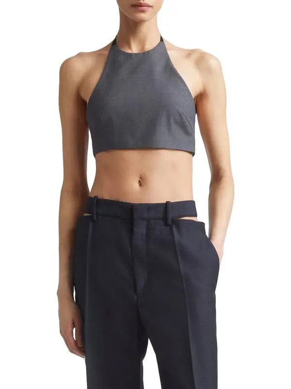 JIL SANDER Wool Poplin Halter Top - Stone Grey