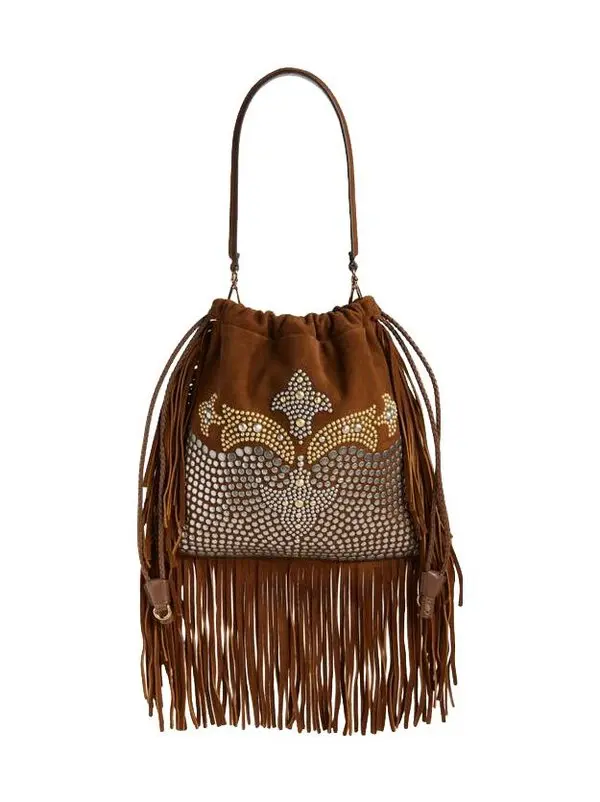 Etro Kalispera Stud & Fringe Suede Shoulder Bag - Brown