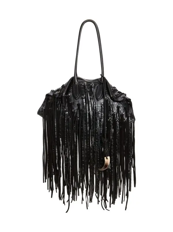 Alexander McQueen Manta Fringe Embellished Croc-embossed Leather Shoulder Bag - Black/silver