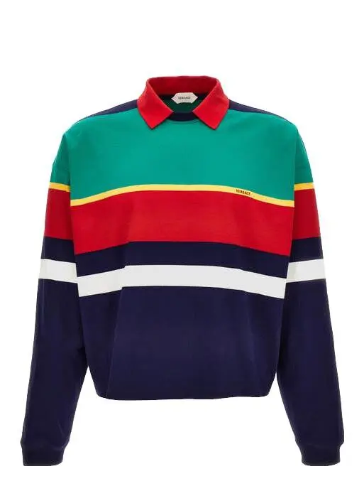 Versace Stripe Heavyweight Cotton Jersey Polo Sweatshirt - Green Yellow Lipstick Red