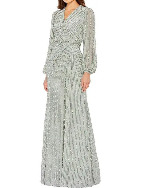 Mac Duggal Sequin-embellished Long Sleeve Evening Gown - Sage