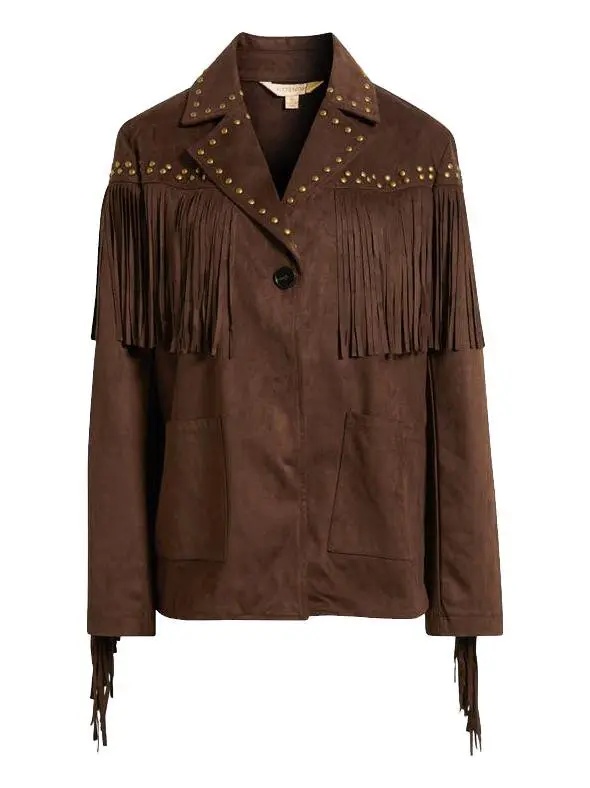 KITTENISH Fringe Detail Faux Suede Jacket - Coffee Bean
