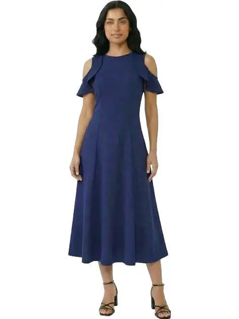 24SEVEN COMFORT APPAREL Petite Ruffle Sleeve Cold Shoulder A-line Maxi Dress - Navy