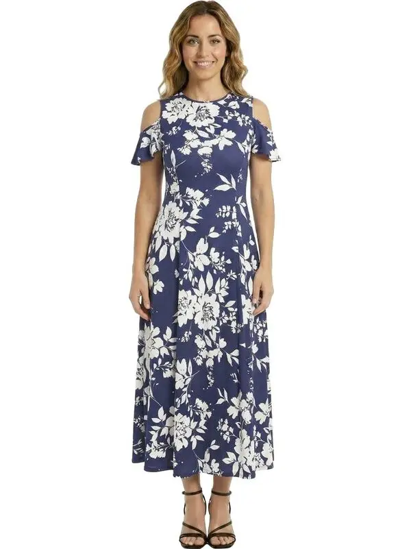 24SEVEN COMFORT APPAREL Floral Print Ruffle Sleeve Cold Shoulder Maxi Dress - Navy Multi