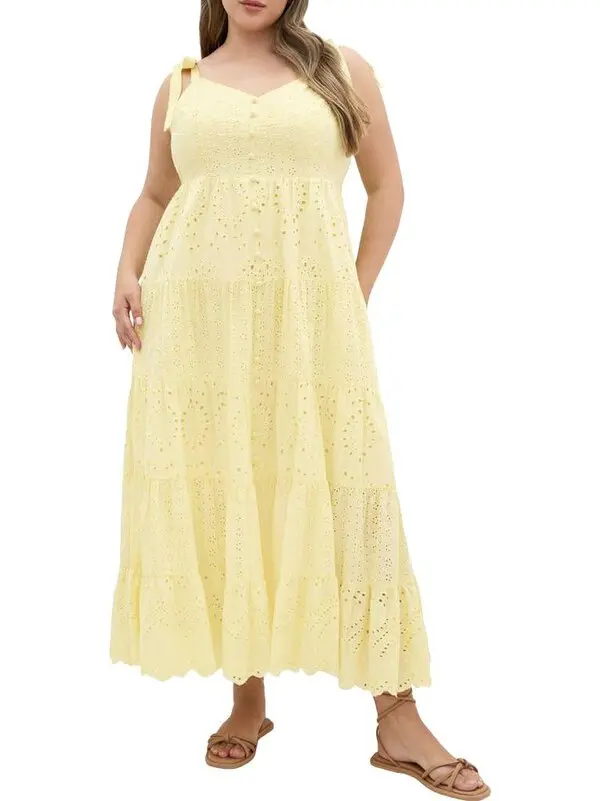 City Chic Allegra Eyelet Lace Midi Sundress - Lemon Drop