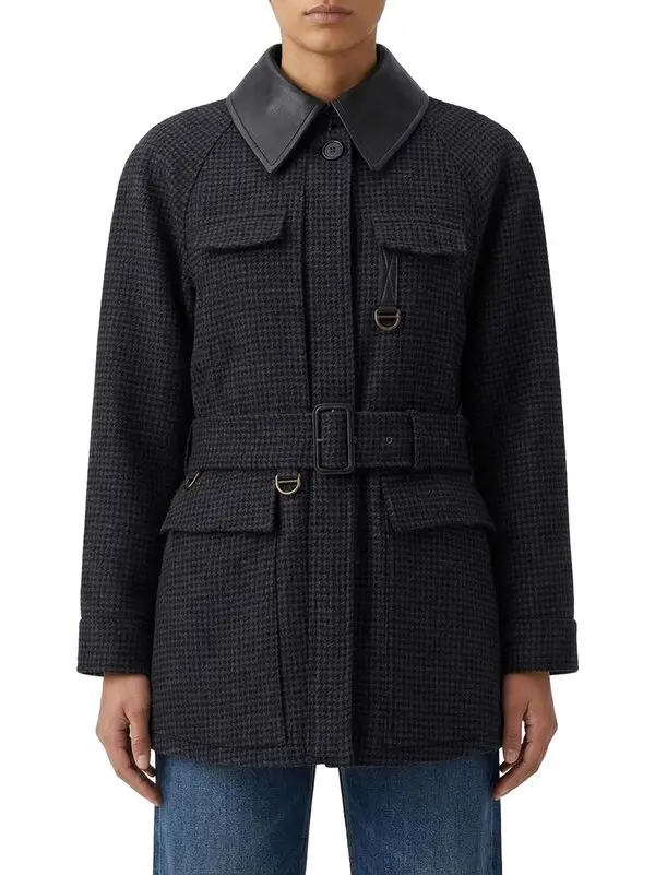 Chloé Houndstooth Virgin Wool Coat With Leather Collar - Black