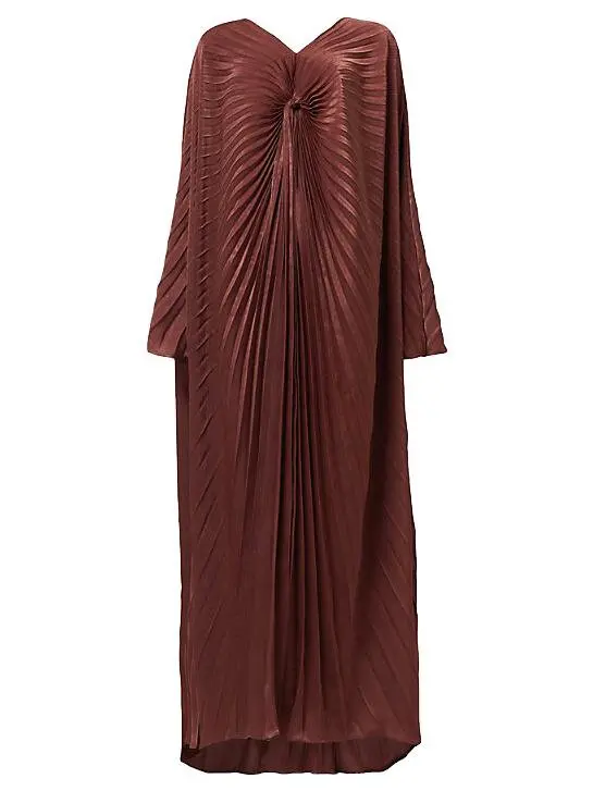 LEEM Pleated V-neck Woven Maxi Dress - Brown