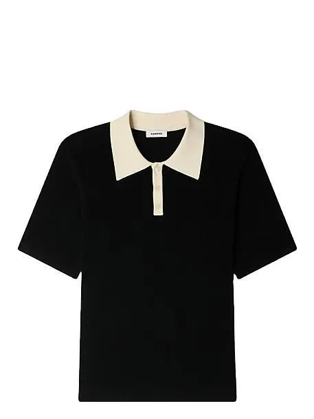 Sandro Contrast-collar Stretch-knit Polo Shirt - Black