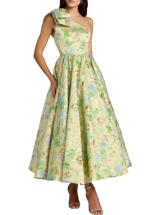 Mac Duggal Floral Brocade One-shoulder Midi Dress With Bow - Green Multi