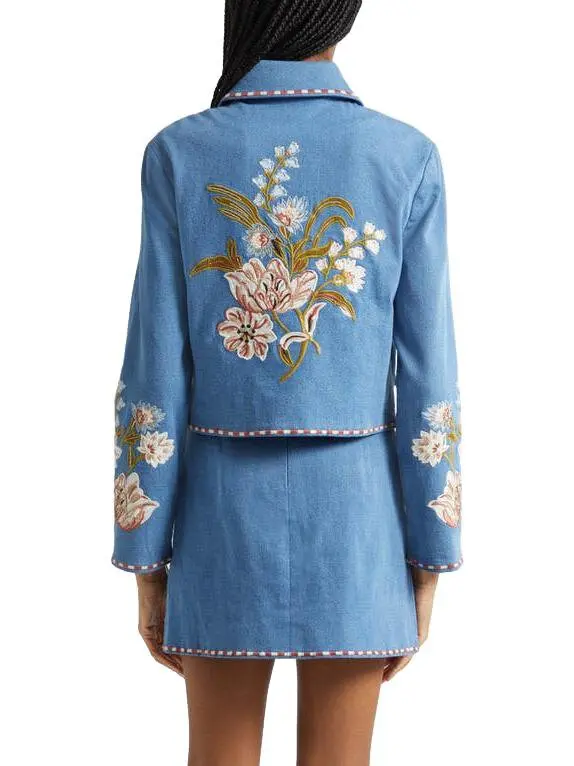 Veronica Beard Floral Embroidery Stretch Cotton Vikaria Jacket - Sea Glare