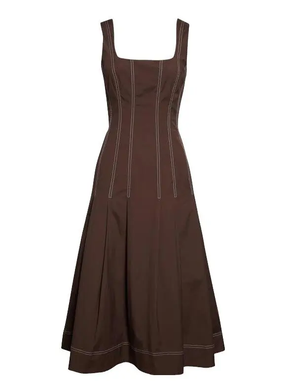 Veronica Beard Jolie Plunge Neck Cotton Dress - Dark Mocha