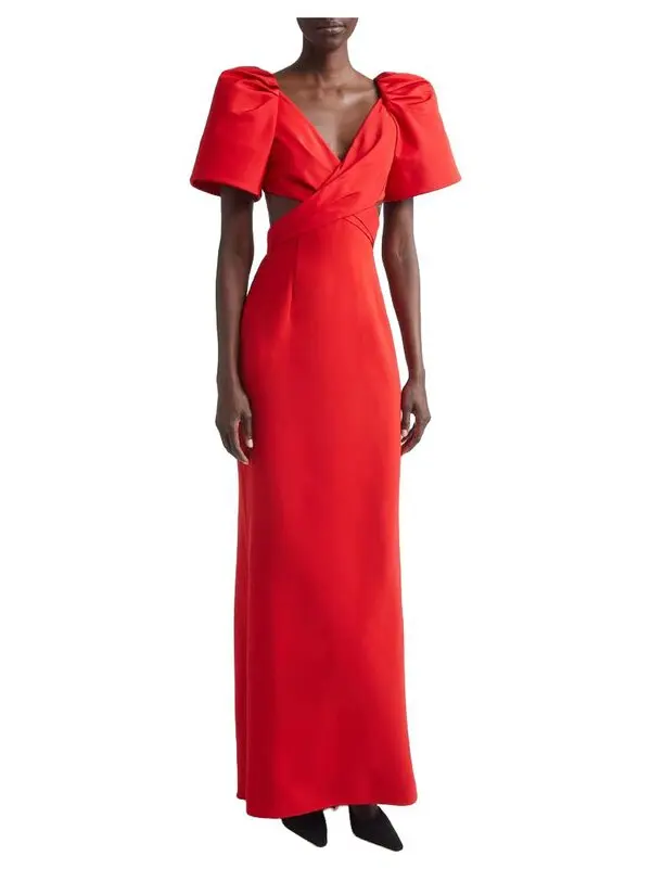 Carolina Herrera Bell Sleeve Crossover Faille & Crepe Gown - Herrera Red