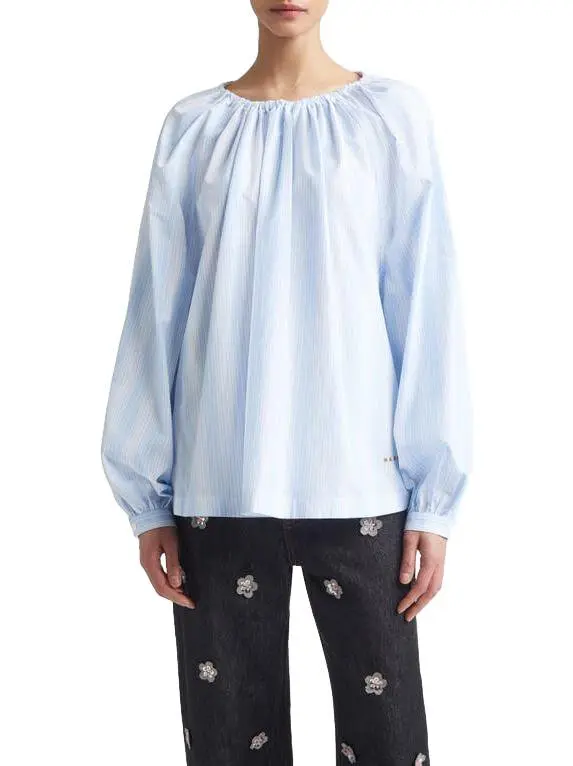 Marni Stripe Gathered Neck Cotton Poplin Top - Stb21 Light Blue