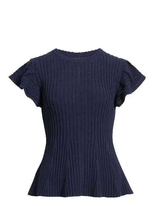 Caslon Flutter Sleeve Linen Blend Sweater - Navy Still
