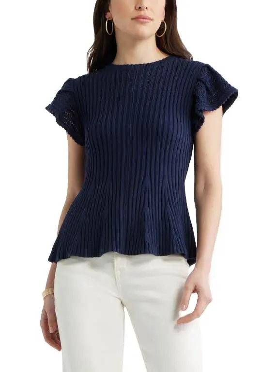 Caslon Flutter Sleeve Pima Cotton Sweater - Navy Still