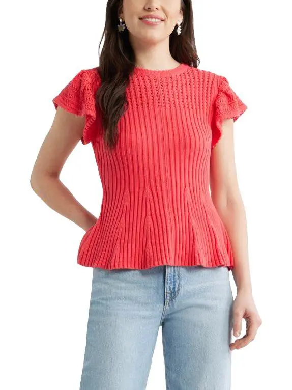 Caslon Flutter Sleeve Pima Cotton Sweater - Red Geranium