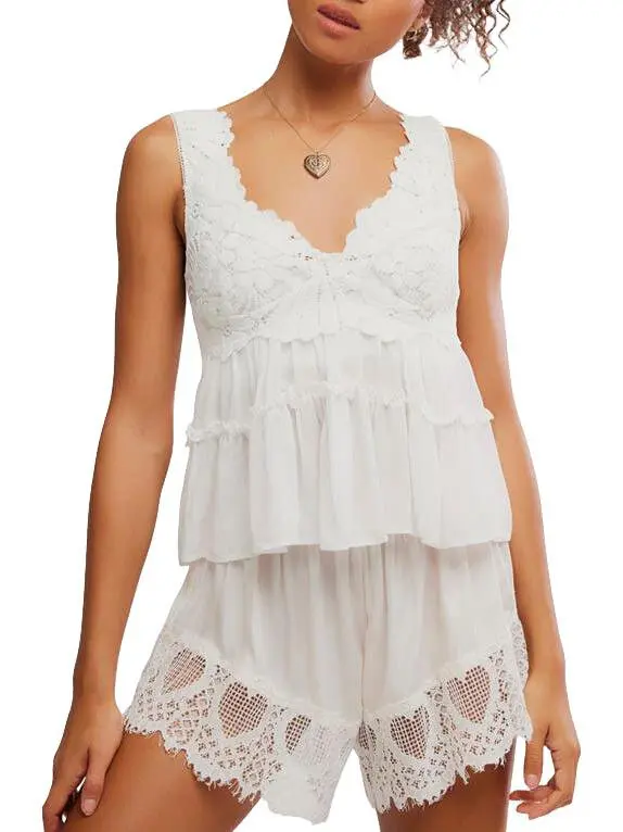 Free People Petal Party Ruffle Trim Lace Babydoll Top - Clean Ivory