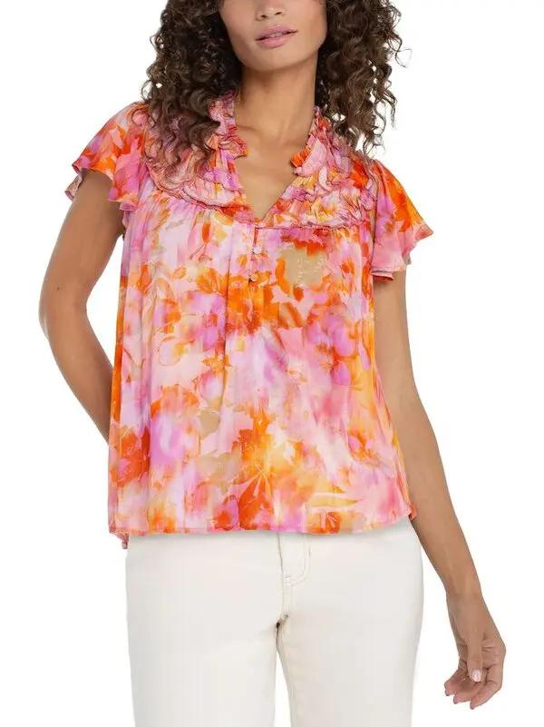 LIVERPOOL Floral Print Ruffle Top - Orange/pink Multi