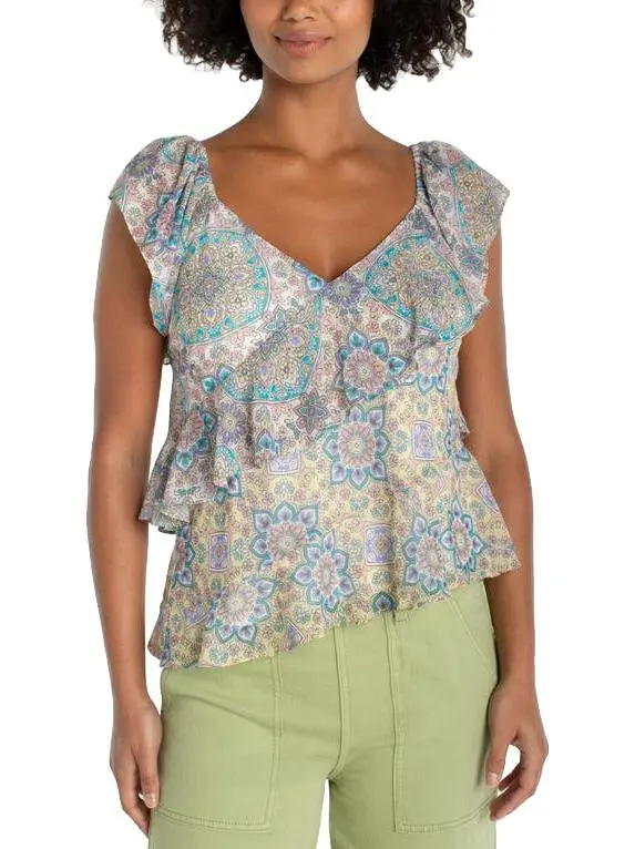 LIVERPOOL Printed Ruffle Top - Cream Citron Mu