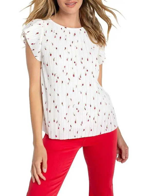 LIVERPOOL Pleated Flutter Sleeve Top - White/red Floral